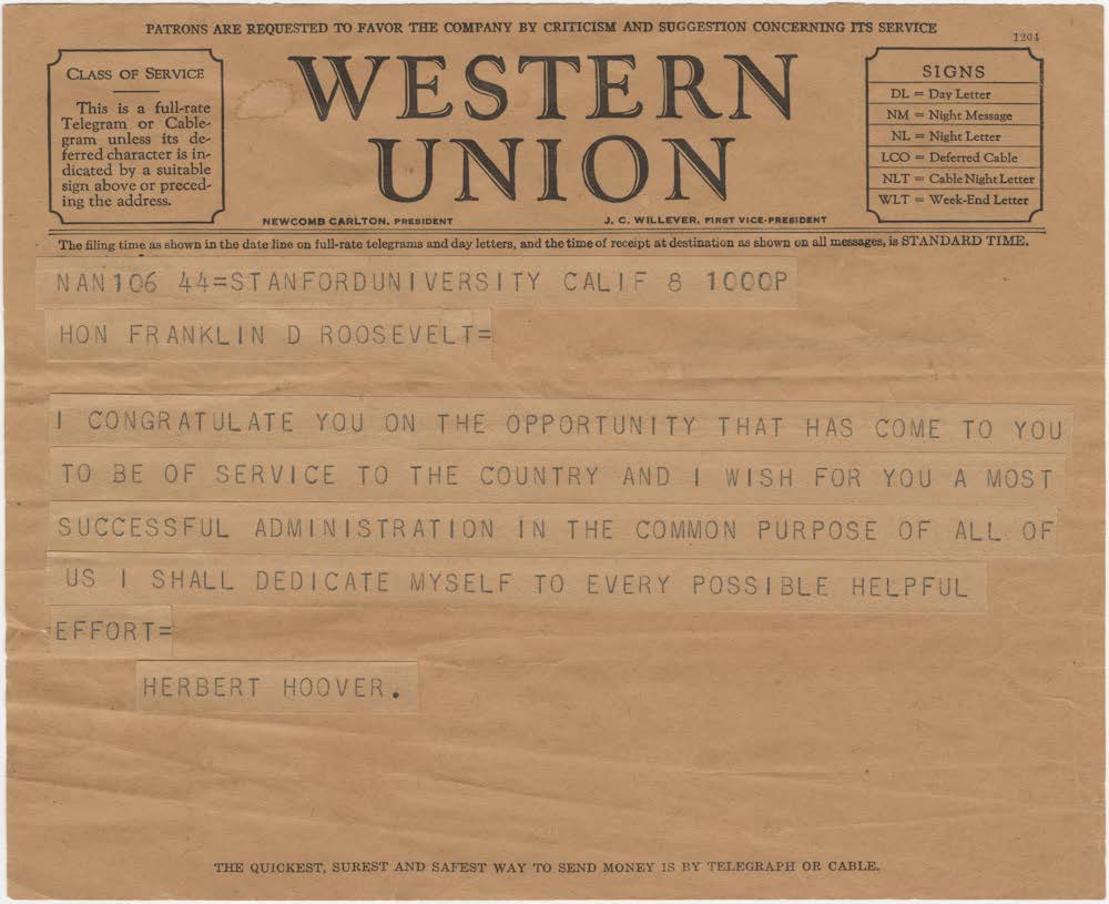 Hoover Telegram – Forward with Roosevelt