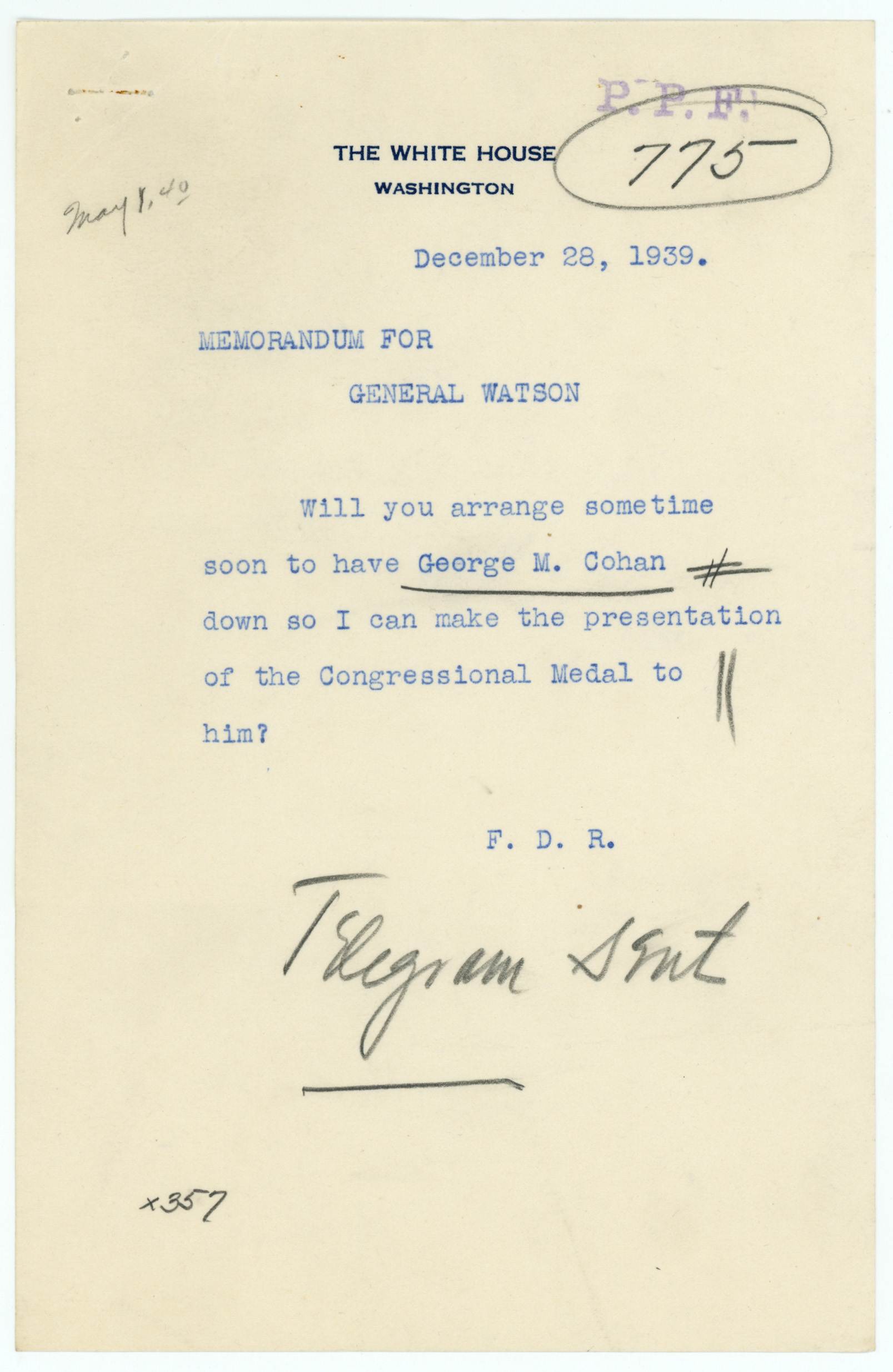 FDR to General Watson, 1939 – Forward with Roosevelt